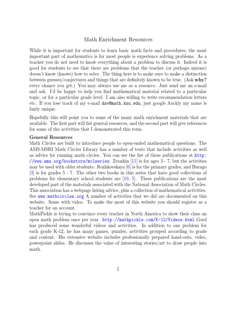 Math Enrichment Resources | PDF | Teaching Mathematics | Teachers