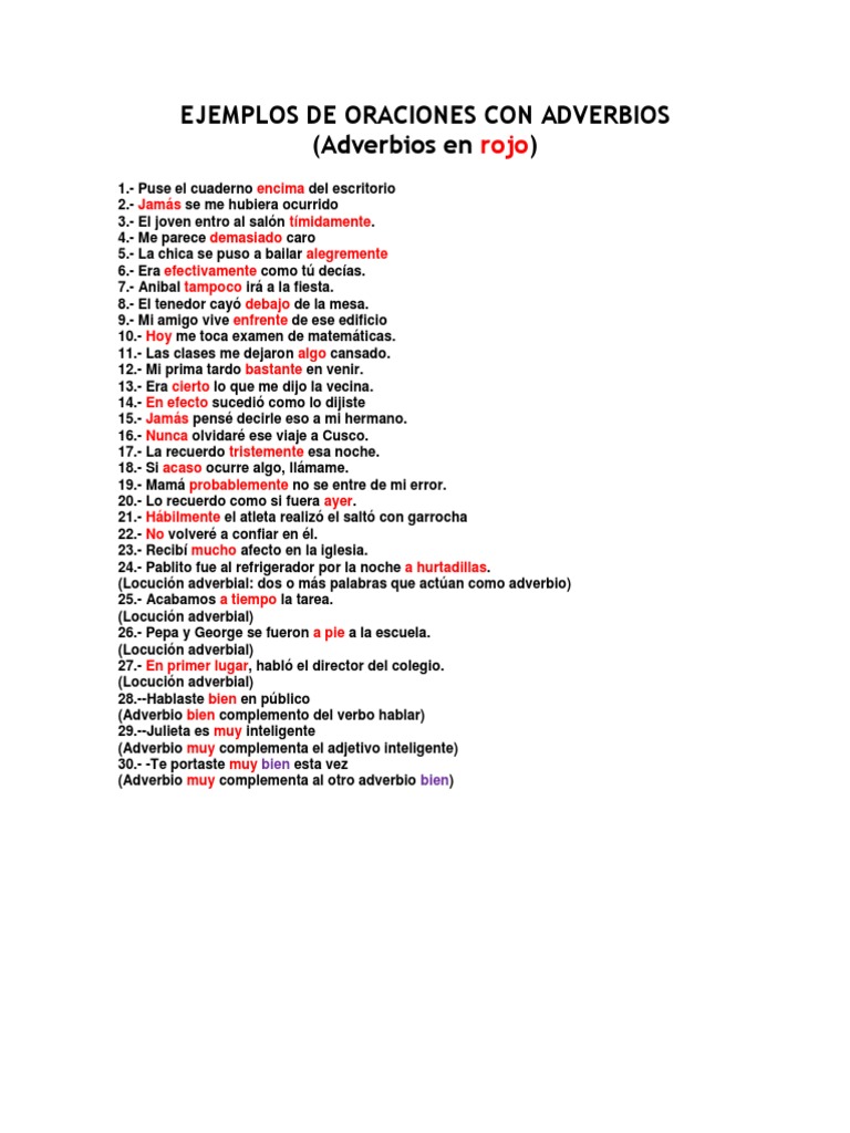 Ejemplos de Oraciones Con Adverbios | PDF