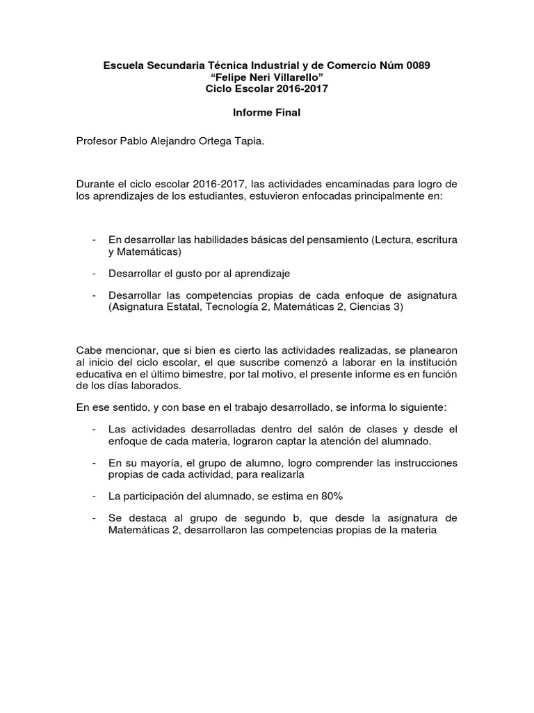 Informe Final | PDF | Educación Secundaria | Enseñando