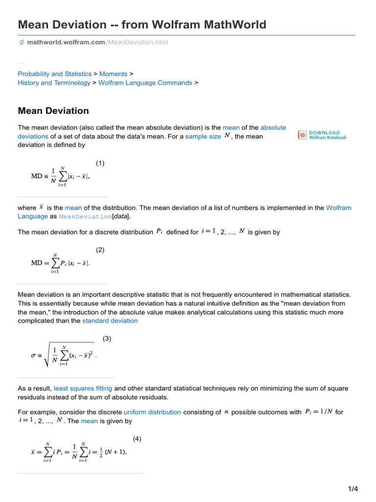 Mean Deviation - Wolfram MathWorld | PDF | Mean | Errors And Residuals