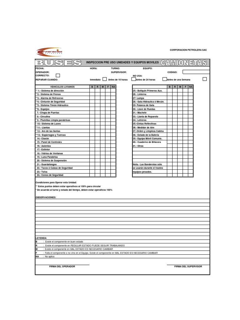 Formatos Check List Pre Uso Equipos y Unidades PDF | PDF | Vehículos | Tecnologías automotrices