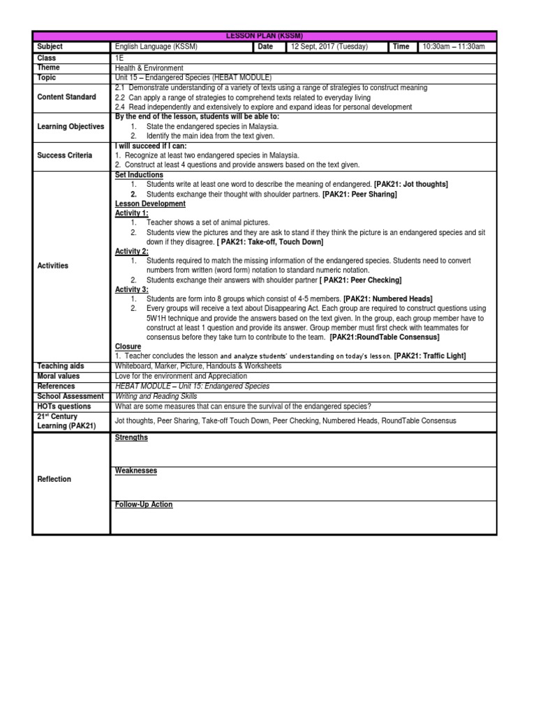 English Lesson Plan: Endangered Species | PDF | Lesson Plan | Teaching