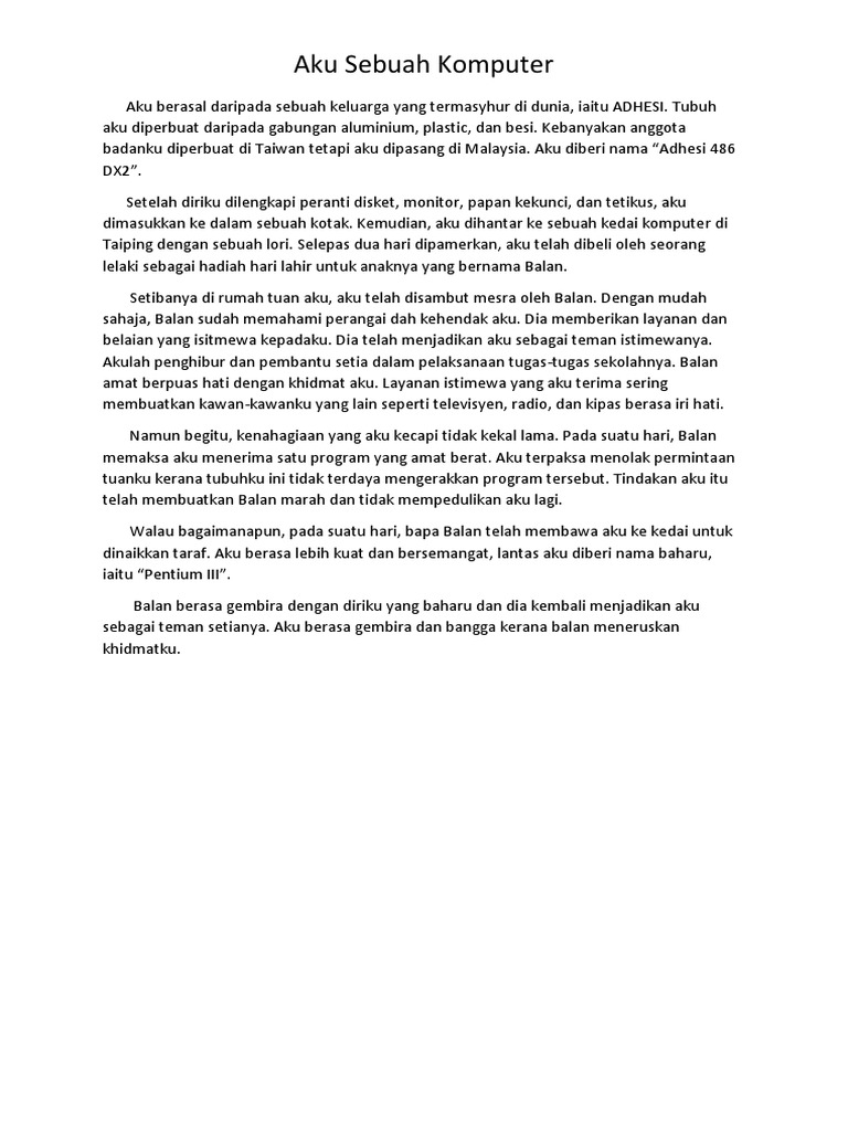 Aku Sebuah Komputer Riba Karangan Aku Sebuah Komputer Fadoua Muurling