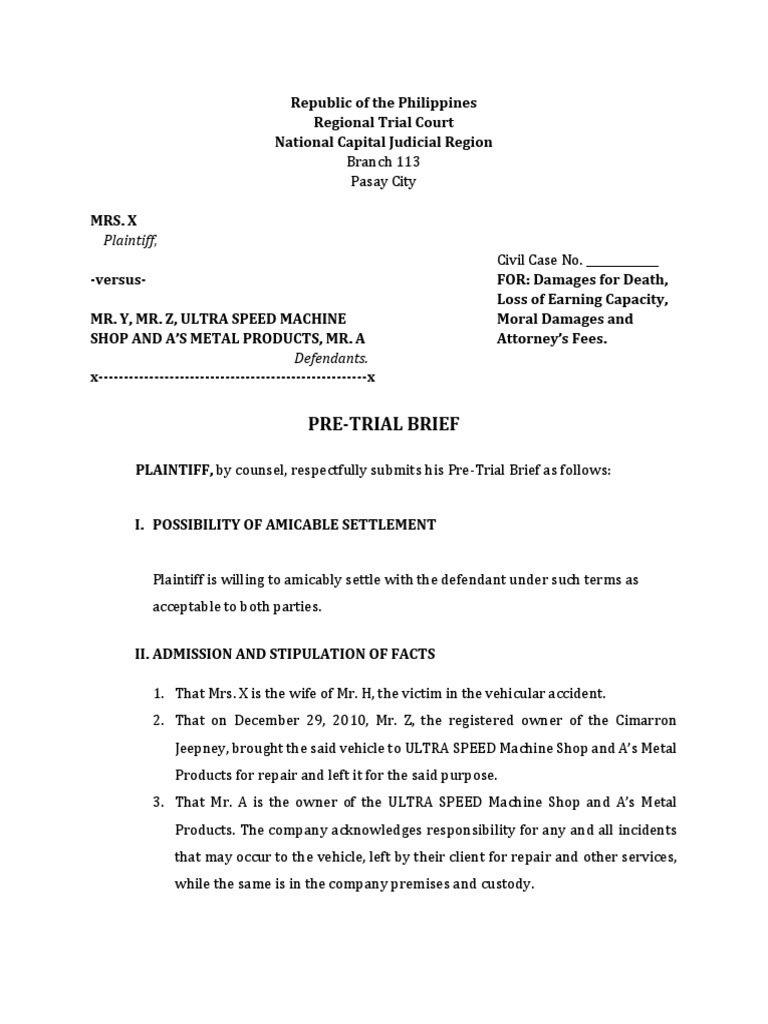 [DRAFT] Pre-Trial Brief.docx | Lawsuit | Damages