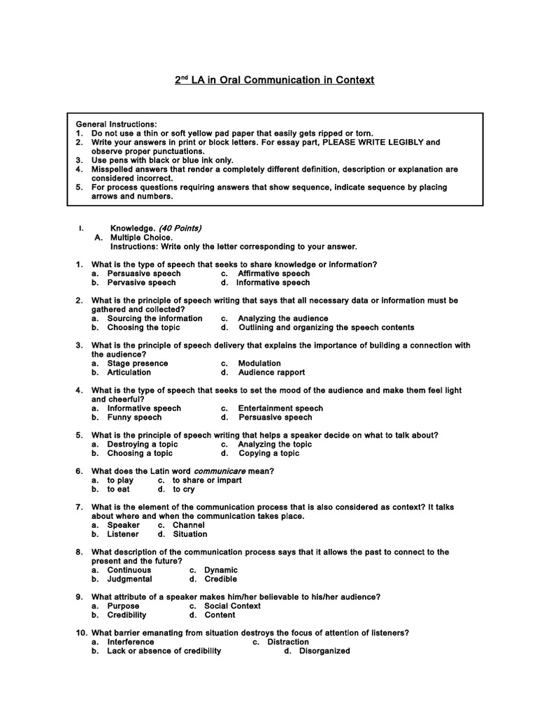 2 LA in Oral Communication in Context: (40 Points) | PDF | Gesture ...