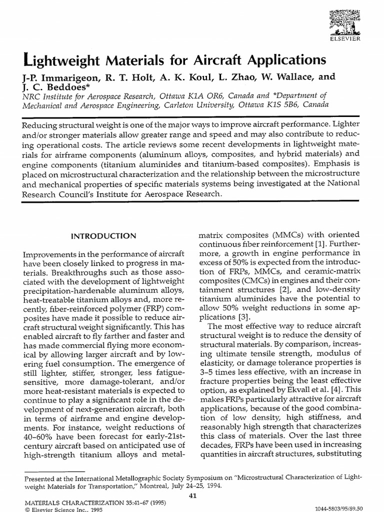 Lightweight Materials For Aircraft - Mat Characterization 1995 PDF | PDF