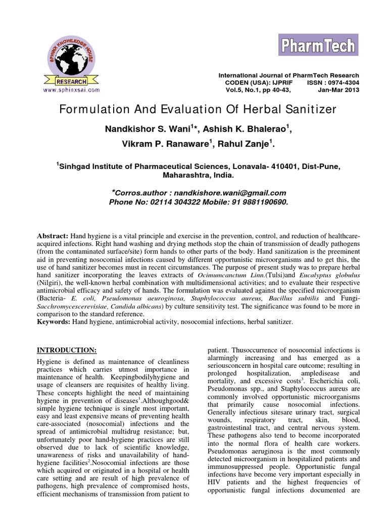 Herbal Hand Sanitizer Formulation Study | PDF | Hospital Acquired ...
