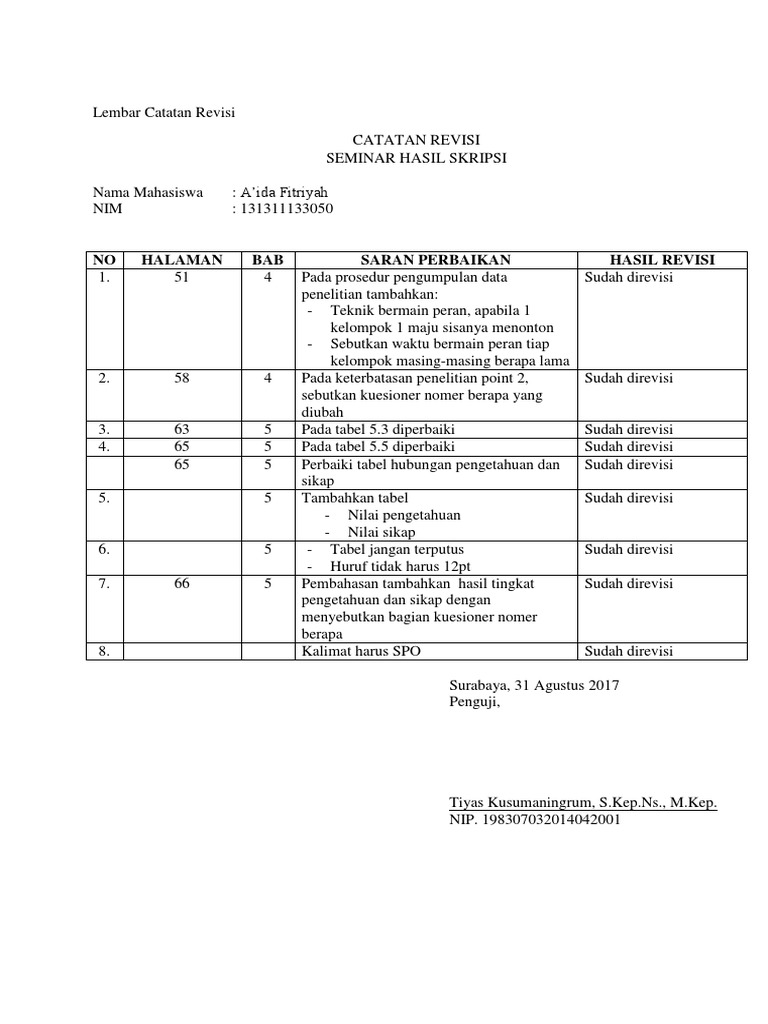 Catatan Revisi Semhas | PDF