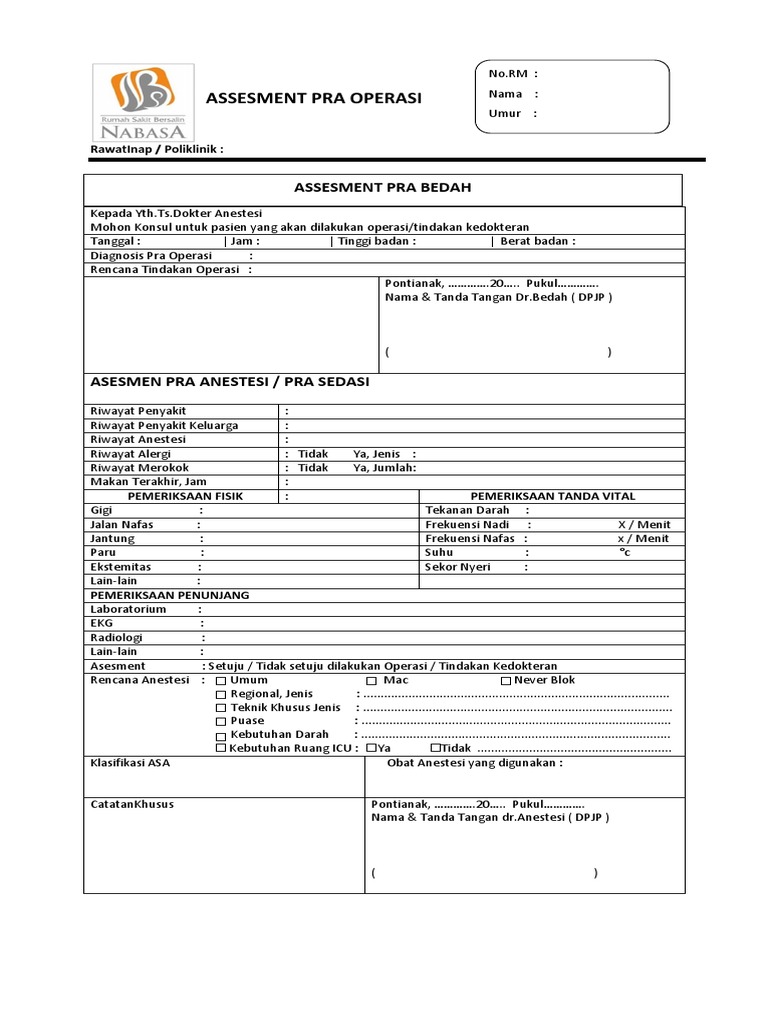 Lembar Assesment Pra Operasi | PDF