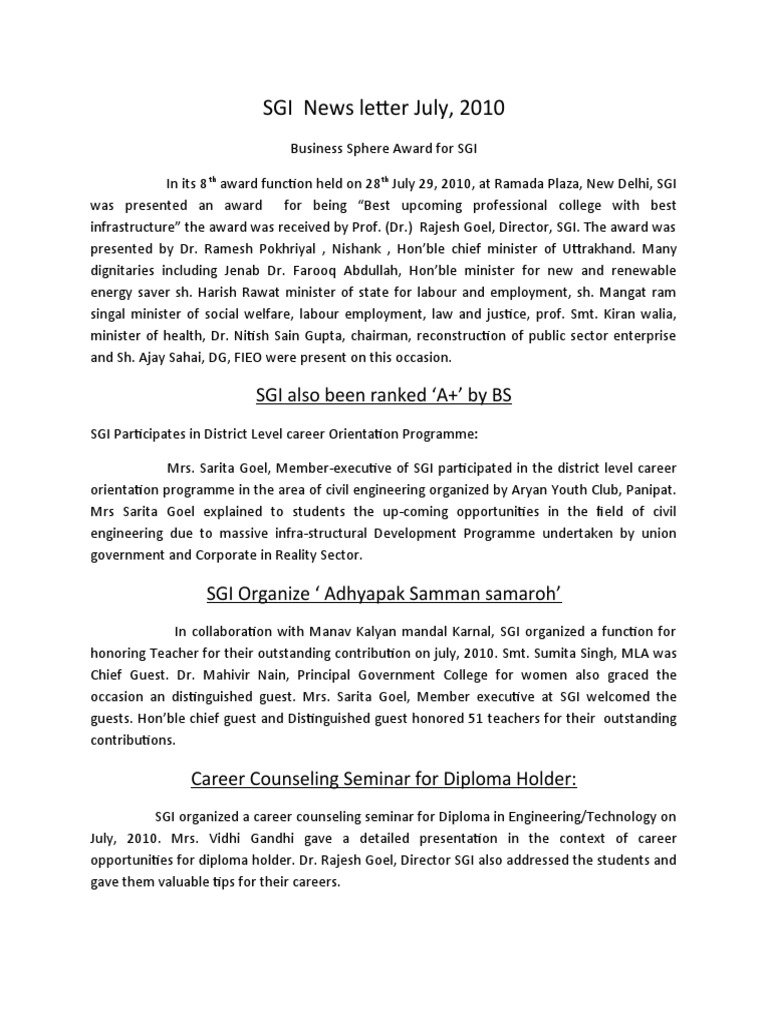 SGI News Letter July, 2010: SGI Also Been Ranked A+' by BS | PDF | Business