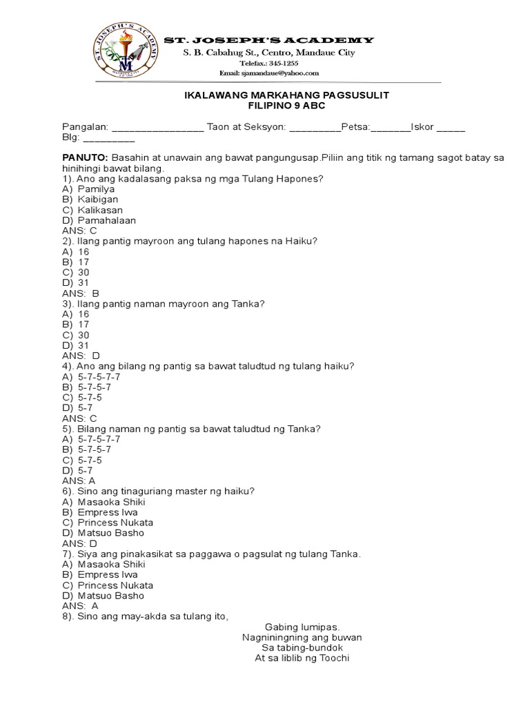 Filipino 9 ABC 2nd Quarter TQ