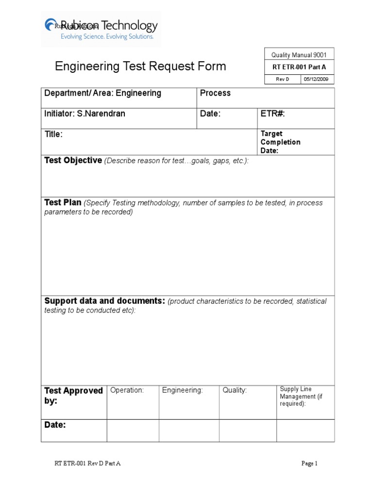 RT ETR-001 Rev D Engineer Test Request Form | PDF