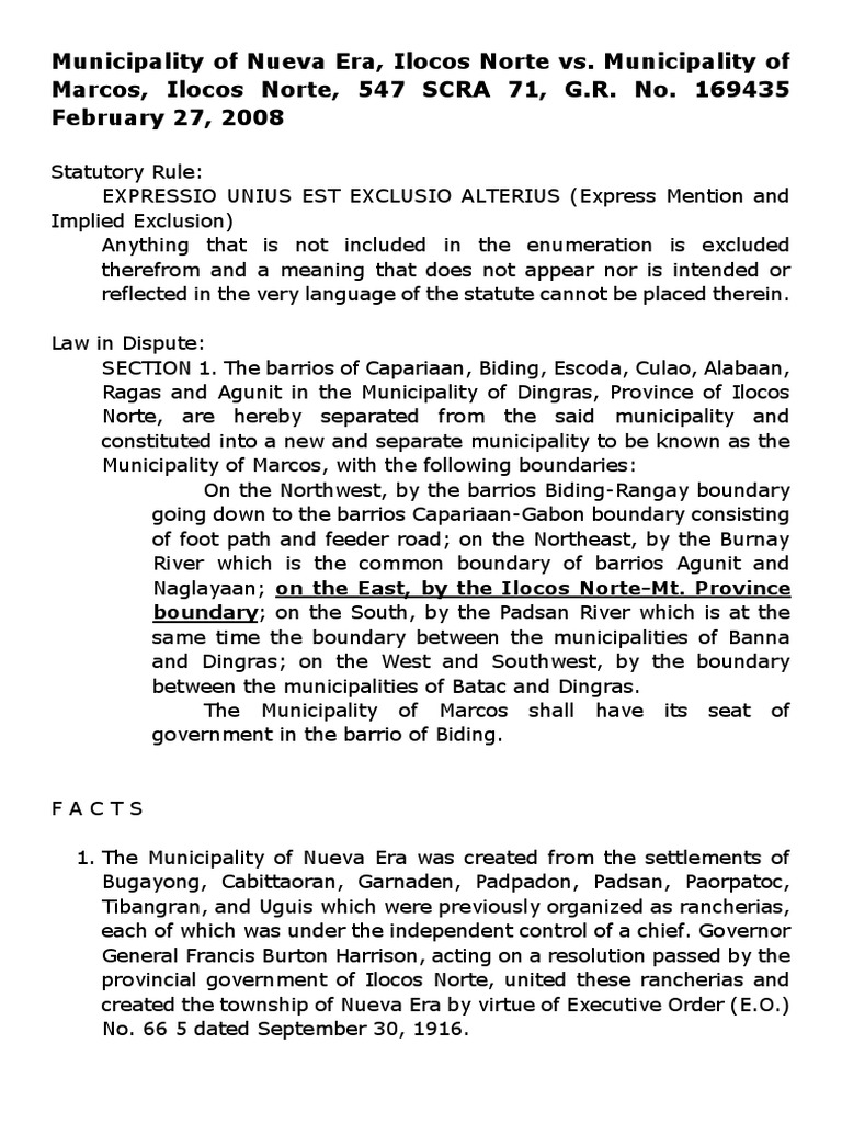 Municipality of Nueva Era, Ilocos Norte vs. Municipality of Marcos ...