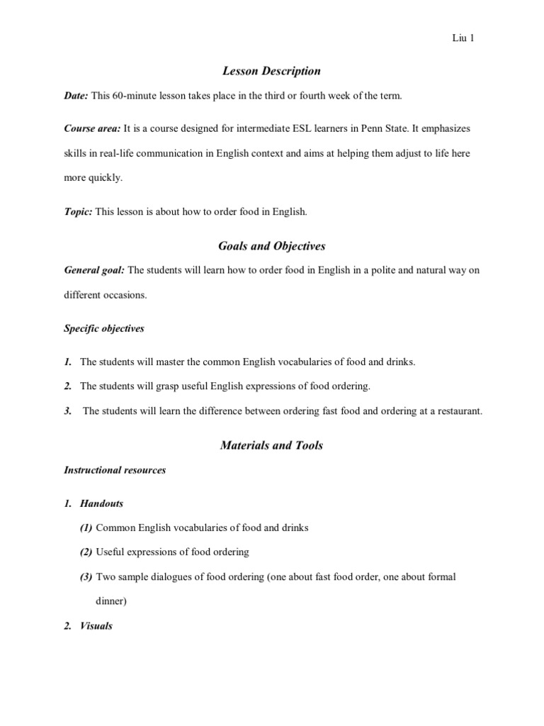 Lesson Plan Restaurant English | PDF