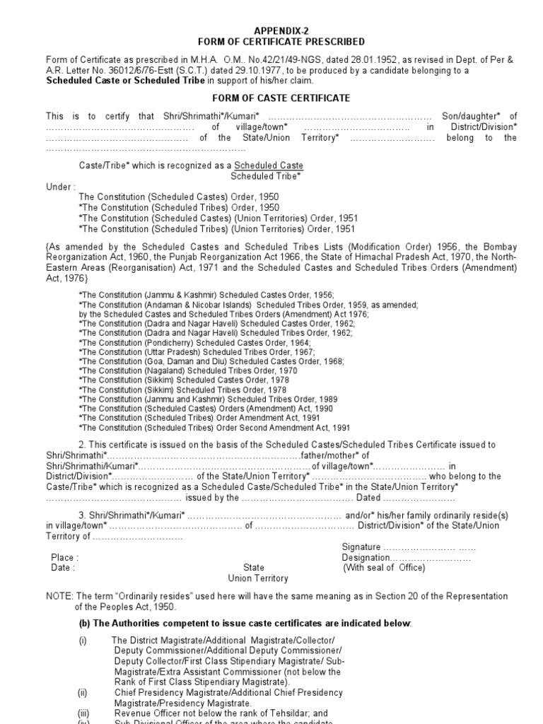 Format Caste Tribe Certificate Clerical 10042010 SCST | PDF | Law