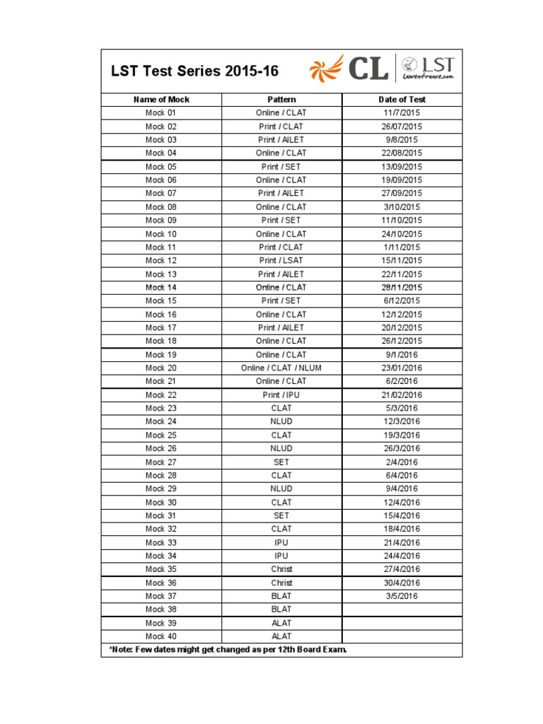 LST Mock Test Schedule 2015-16 | PDF