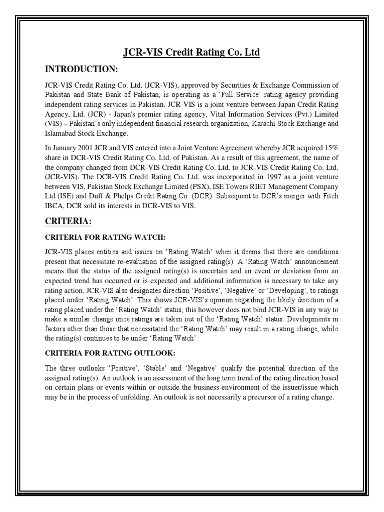 JCR-VIS Credit Rating Co. LTD: Criteria For Rating Watch | PDF | Market ...