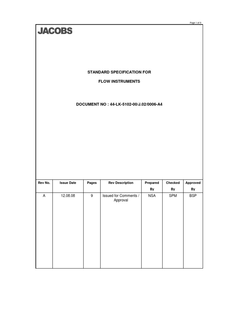 JACOBS Flow Instrument Spec | PDF | Flow Measurement | Hydraulic ...