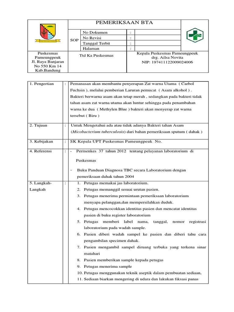 SOP Pemeriksaan BTA | PDF