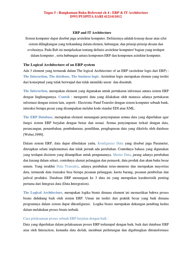 Tugas 5 Rangkuman Buku Ref CH 4 - ERP IT Architecture | PDF