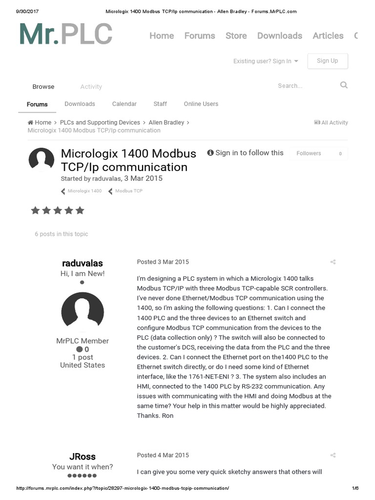 Micrologix 1400 Modbus TCP - Ip Communication - Allen Bradley - Forums - MRPLC | PDF ...