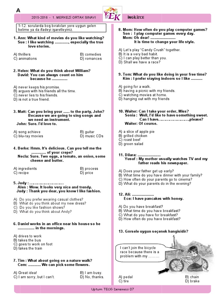 2015-2016 Academic Year Turkish Language Exam Passage on Daily ...