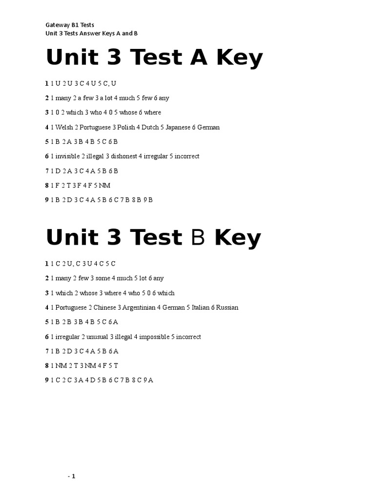 Unit 3 Test A Key: Gateway B1 Tests Unit 3 Tests Answer Keys A and B | PDF