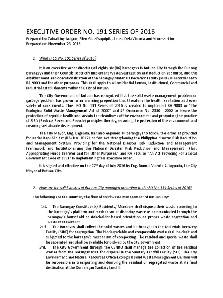 EO 191 Fact Sheet | PDF | Waste Management | Municipal Solid Waste