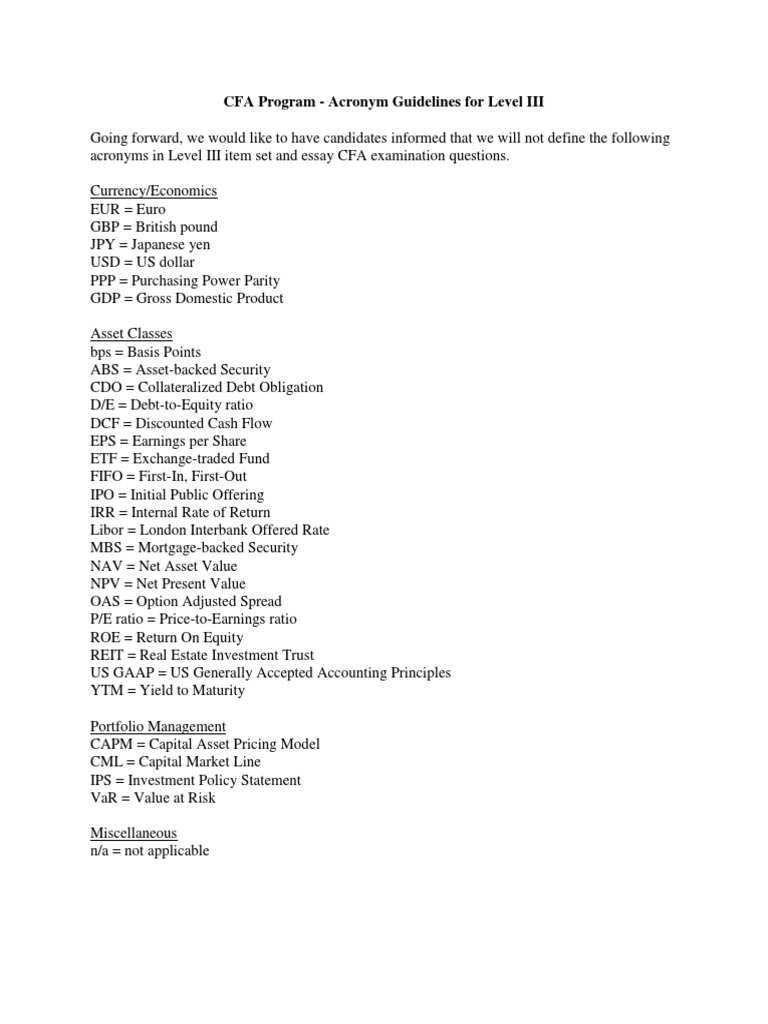 Cfa Program Level Iii Common Acronyms Pdf