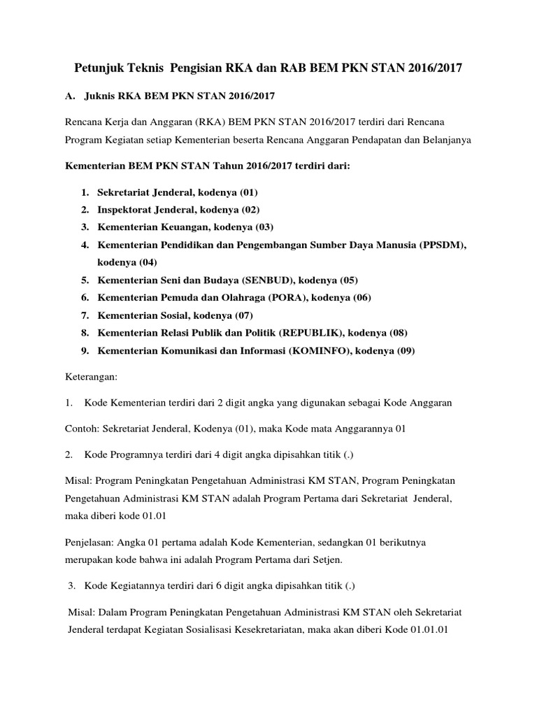 Petunjuk Teknis Pengisian RKA BEM PKN STAN 2016-2017 | PDF | Pengelolaan Keuangan & Uang