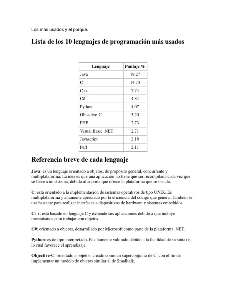 Lista de Los 10 Lenguajes de Programación Más Usados | PDF | C ...