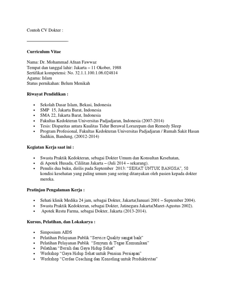 Contoh CV Dokter | PDF | Dokter | Kesehatan Holistik