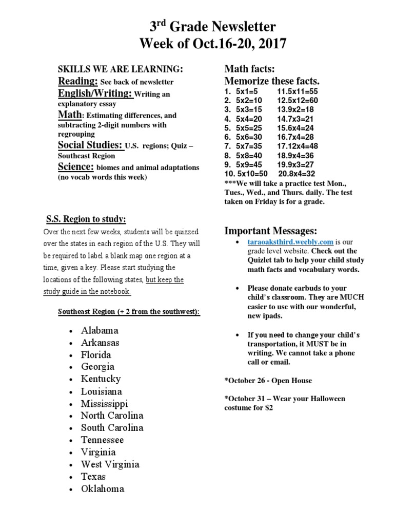 3rd Grade Weekly Newsletter: Oct 16-20 | PDF | Teaching | Communication