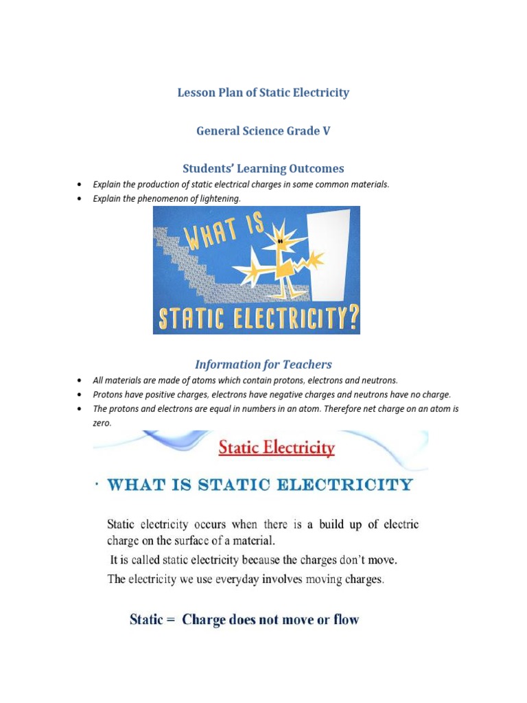 Static Electricity Lesson Plan for Grade 5 | PDF | Electric Charge ...