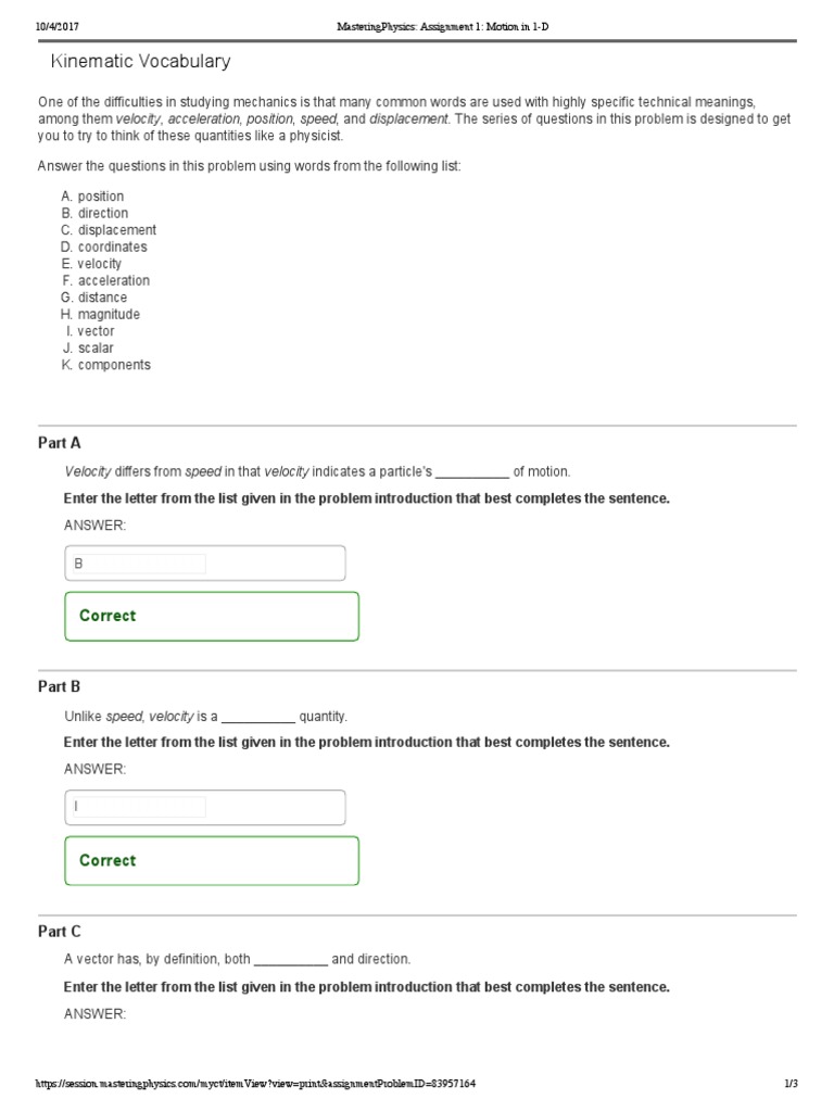 MasteringPhysics - Assignment 6 - Motion in 1-D | PDF | Velocity | Euclidean Vector