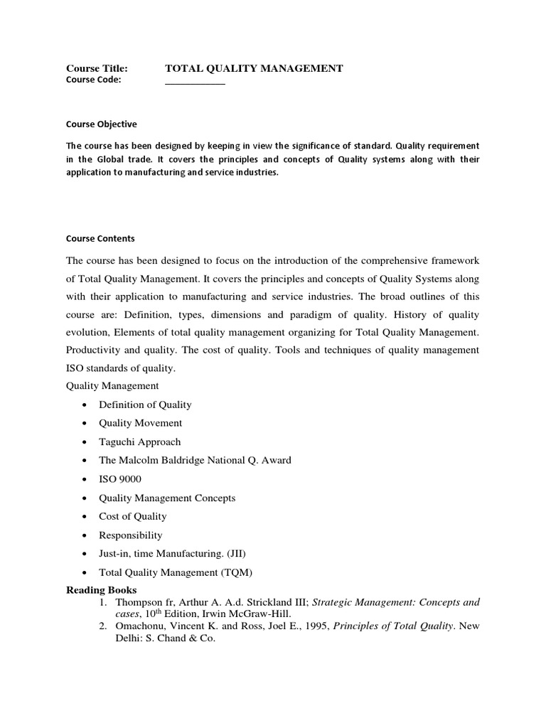 TQM Course Covers Quality Management Principles | PDF