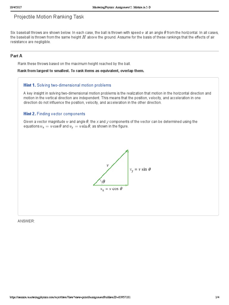 MasteringPhysics - Assignment 10 - Motion in 2-D | PDF | Physical Quantities | Classical Mechanics