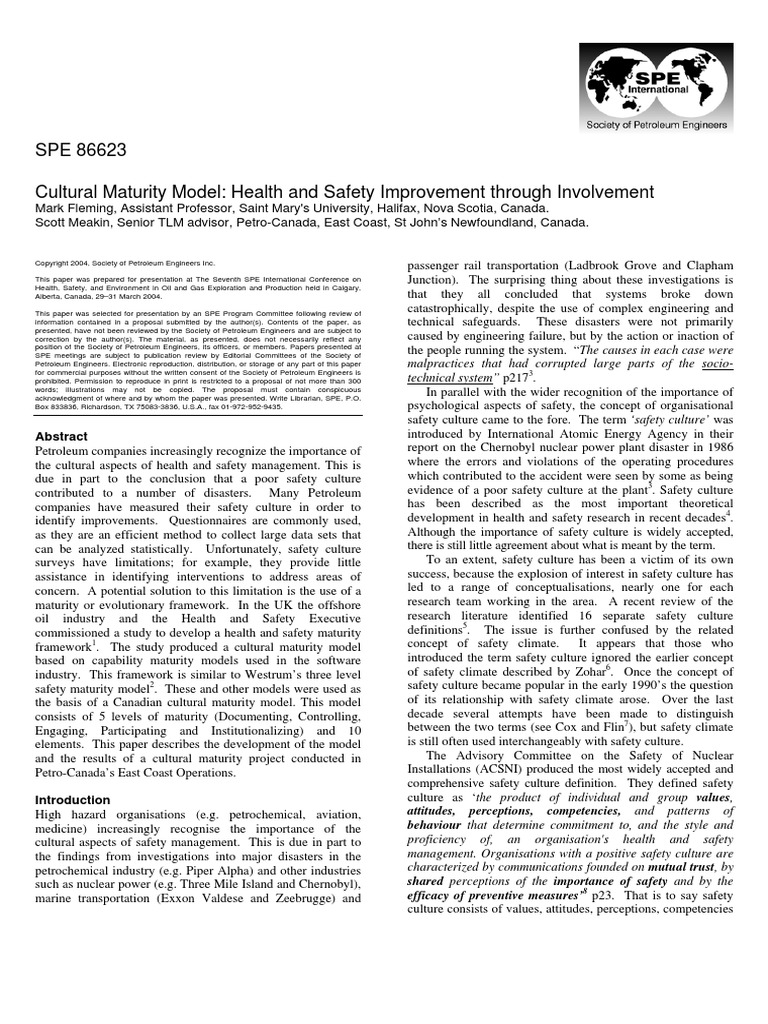 Cultural Maturity Model Health and Safety Improvement Through ...