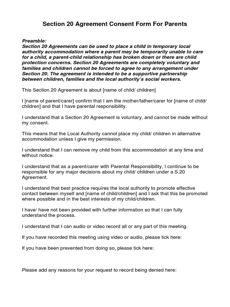 Section 20 Consent Form - Parents | PDF | Consent | Caregiver