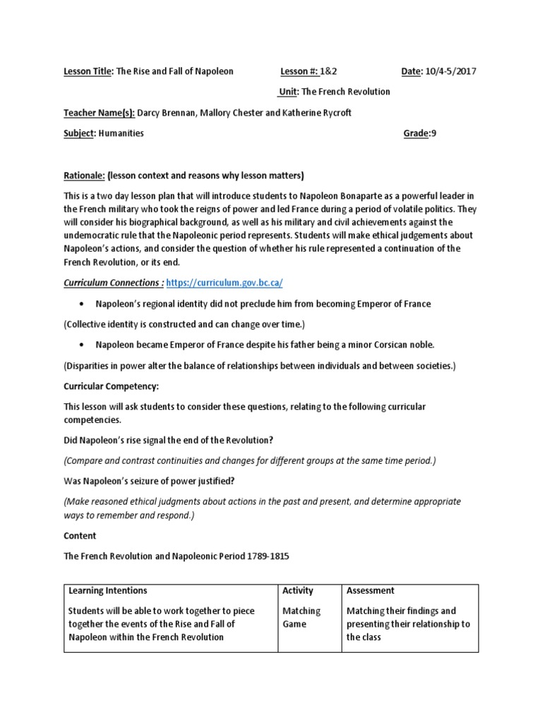 Practicum Lesson Plan - Napoleon | PDF | Napoleon | Curriculum