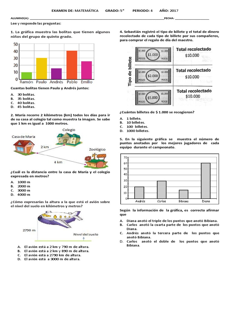 Examen de Matemática 5° Grado 2017 | PDF | Deportes | Ocio