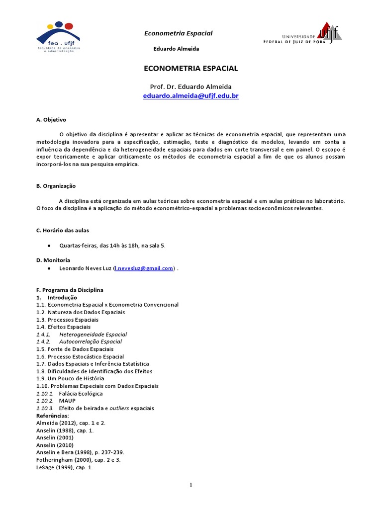 Ementa Econometria Espacial | PDF | Inquérito | Science