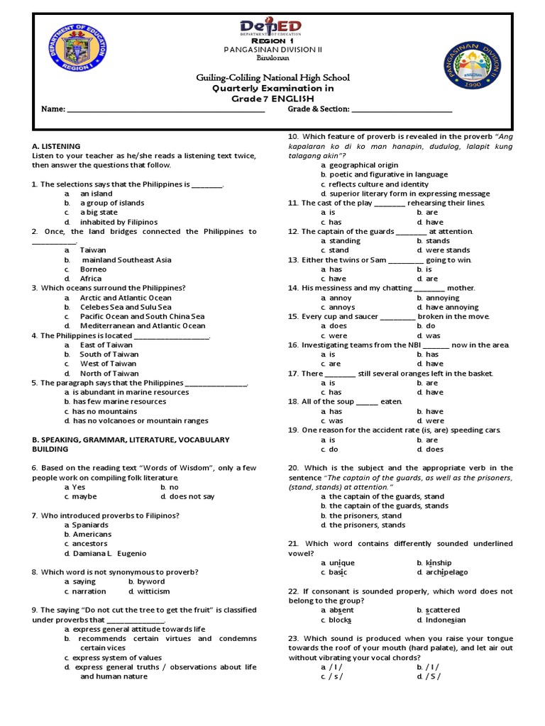 Grade 7 English 1st Quarter | PDF | Island | Dolphin