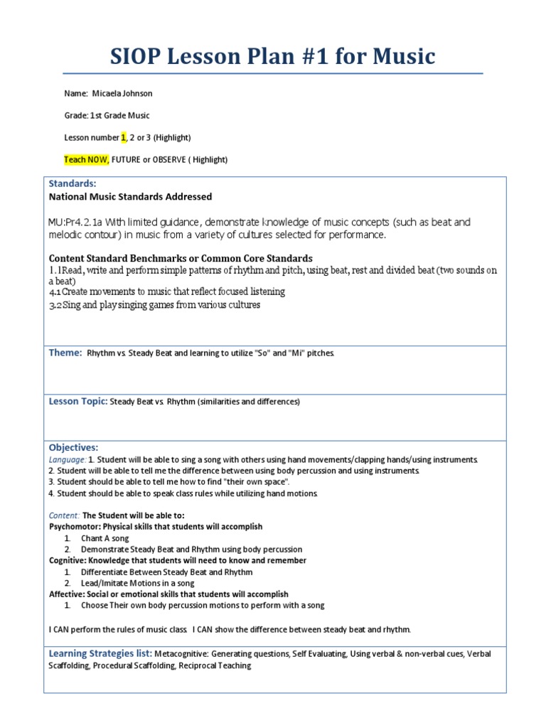 SIOP Lesson Plan (Full) | PDF | Rhythm | Singing