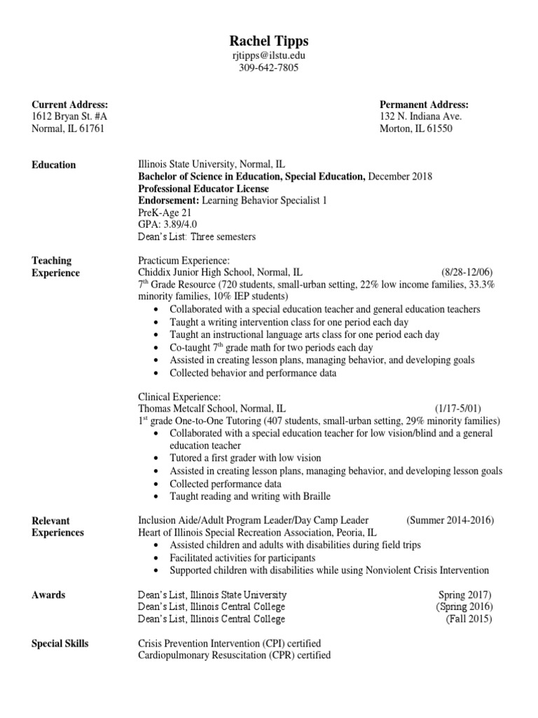 Tipps Rachel Resume | PDF | Special Education | Teachers