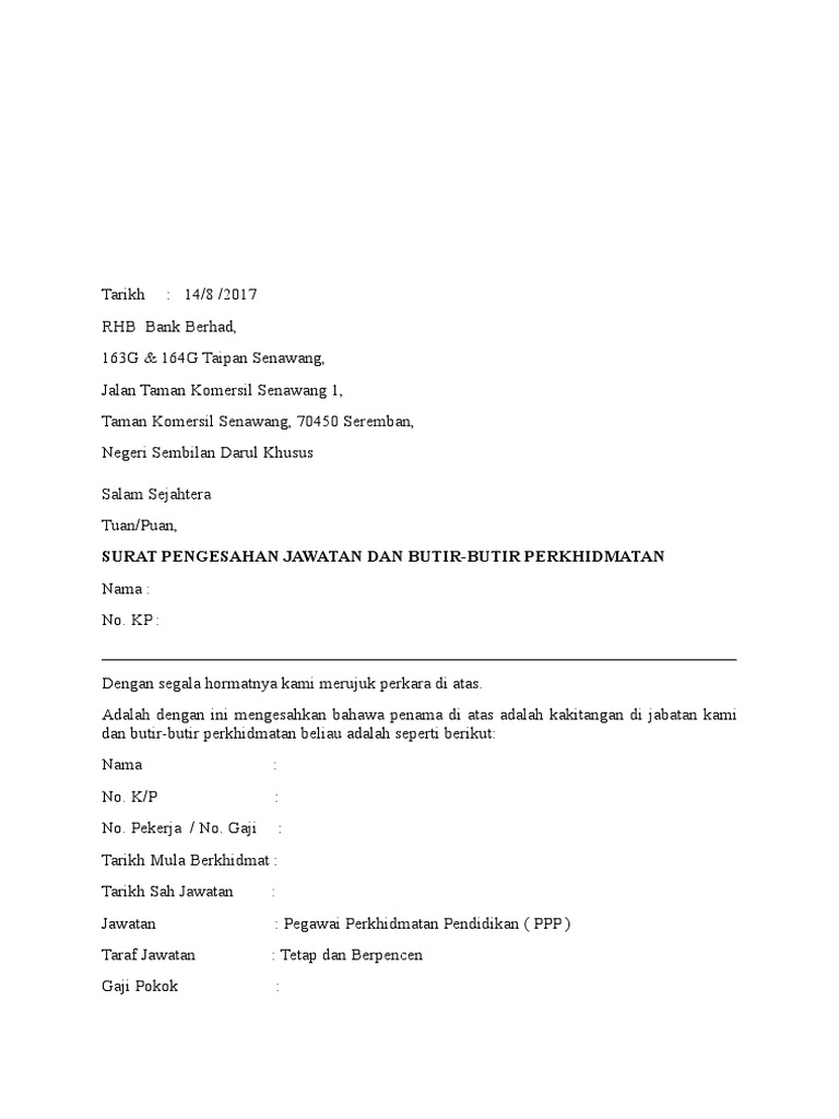 Contoh Surat Pengesahan Jawatan | PDF