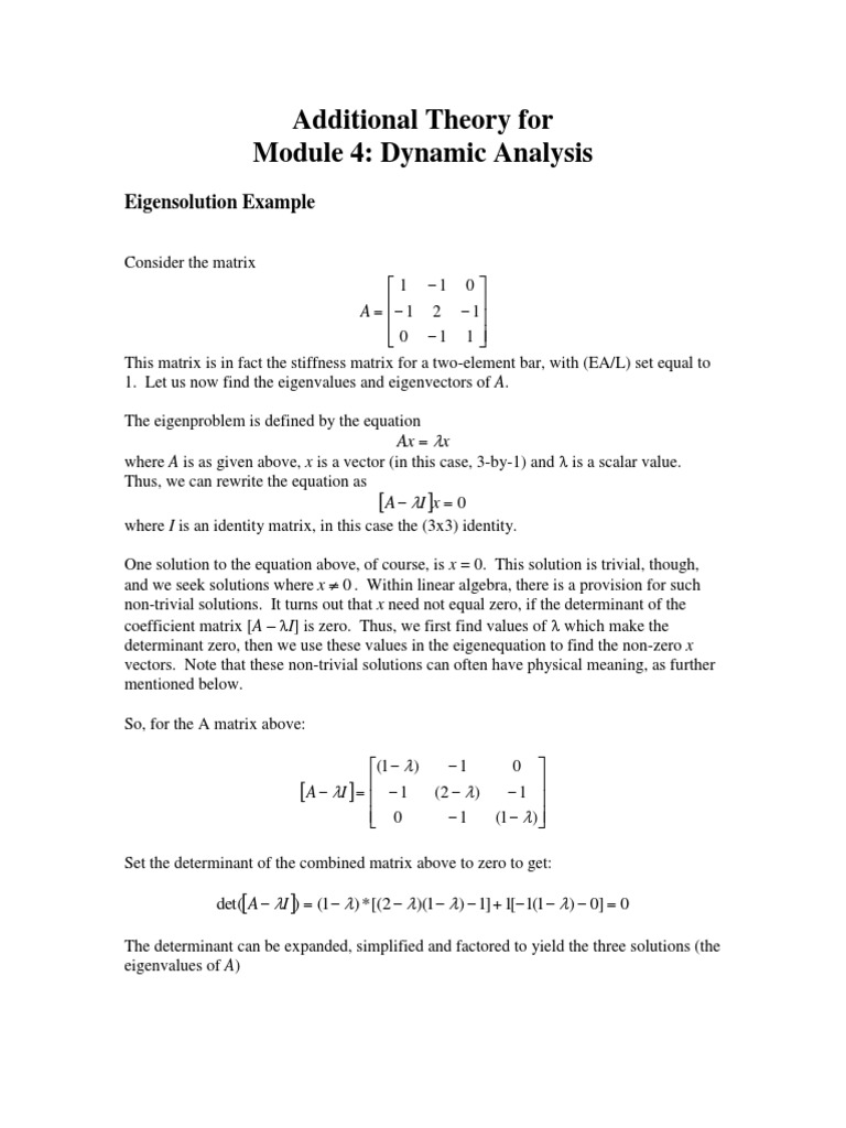 Additional Theory For Module 4: Dynamic Analysis: Eigensolution Example | PDF | Eigenvalues And ...
