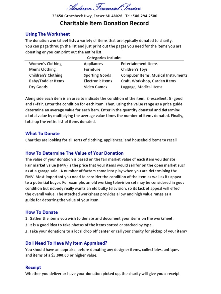 Worksheet - Charitable Item Donation Guide - 1 | PDF | Bedroom | Suit ...