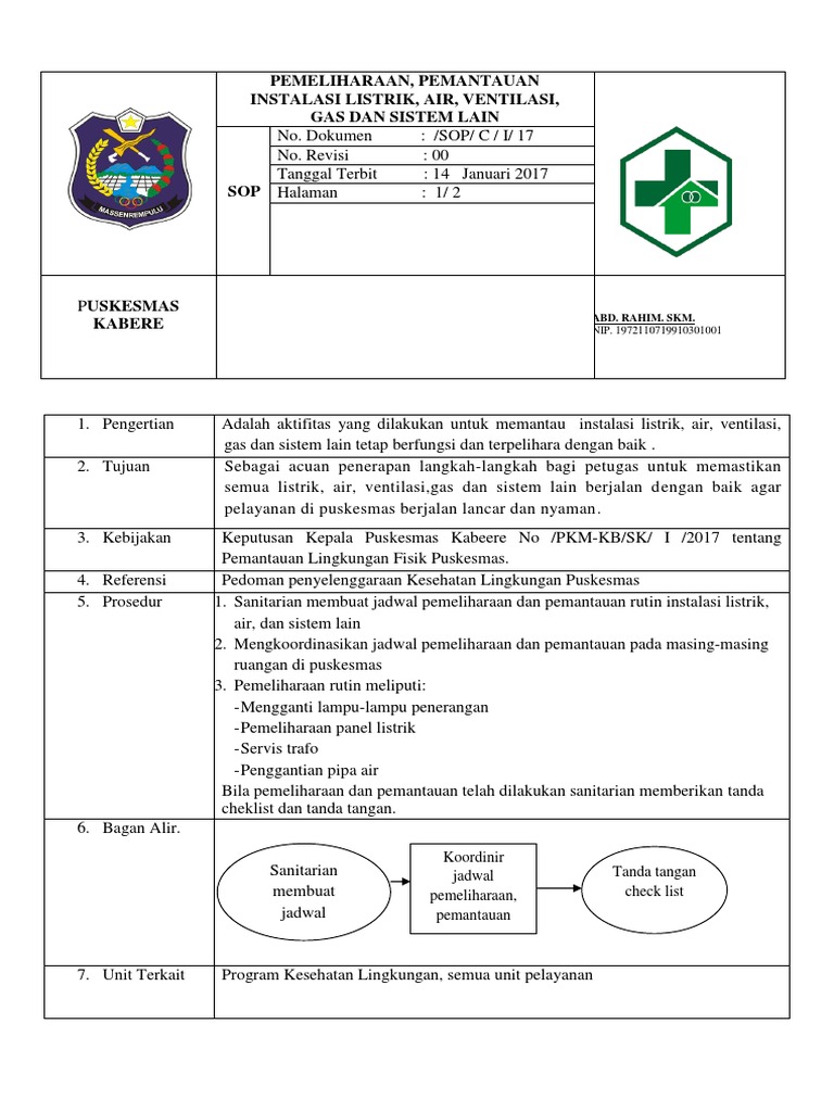 8.5.1.2. Sop Pemeliharaan, Pemantauan Instalasi Listrik, Air, Ventilasi, Gas Dan Sistem Lain ...