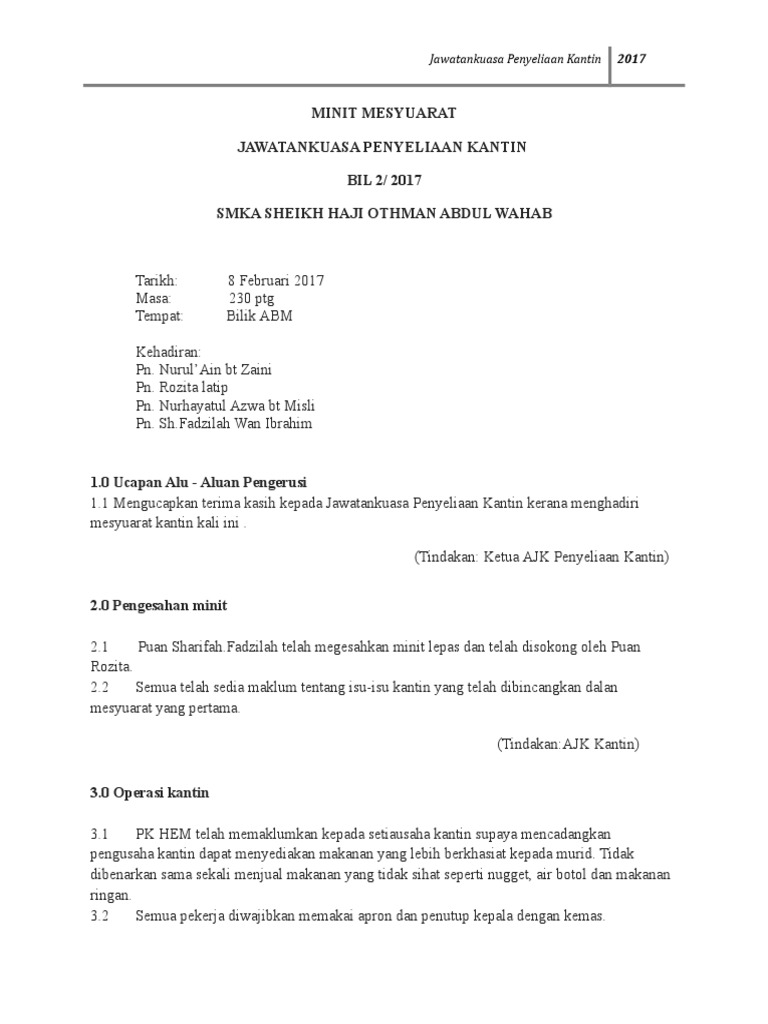 Minit Mesyuarat Kantin Kali Kedua | PDF